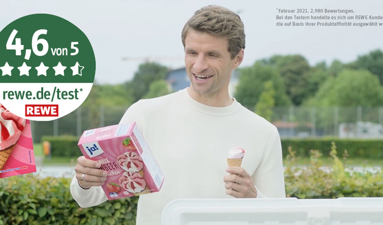 Thomas Müller sagt ja! zu Rewe - display Magazin